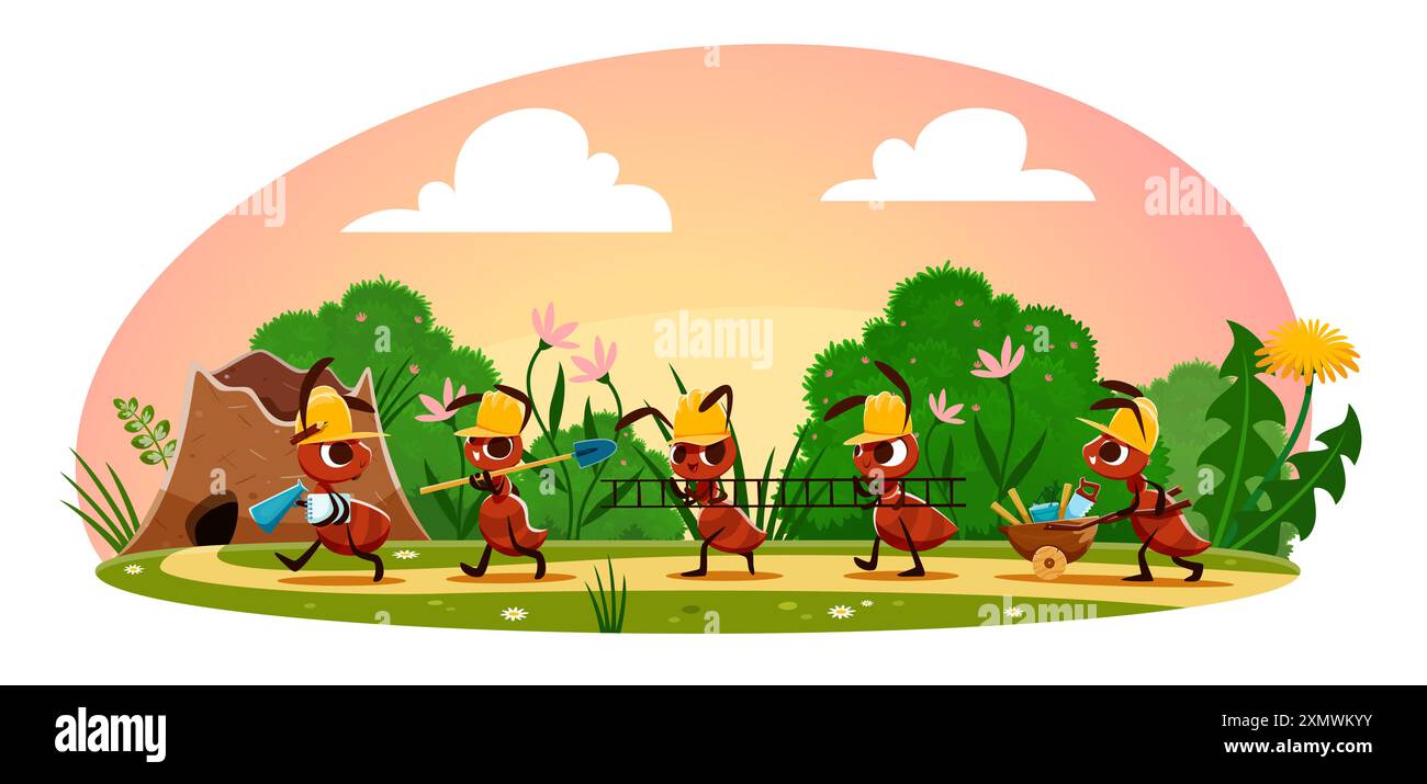 Cartoon ant builders characters near anthill. Team of ants wearing ...