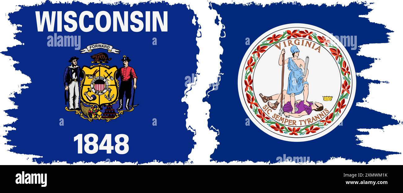 Virginia and Wisconsin states grunge brush flags connection, vector ...