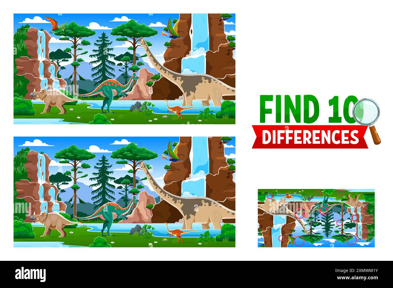 Find ten differences between prehistoric dinosaurs landscape with lush ...