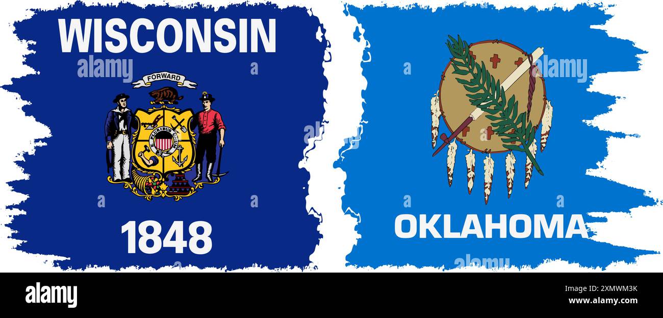 Oklahoma and Wisconsin states grunge brush flags connection, vector ...