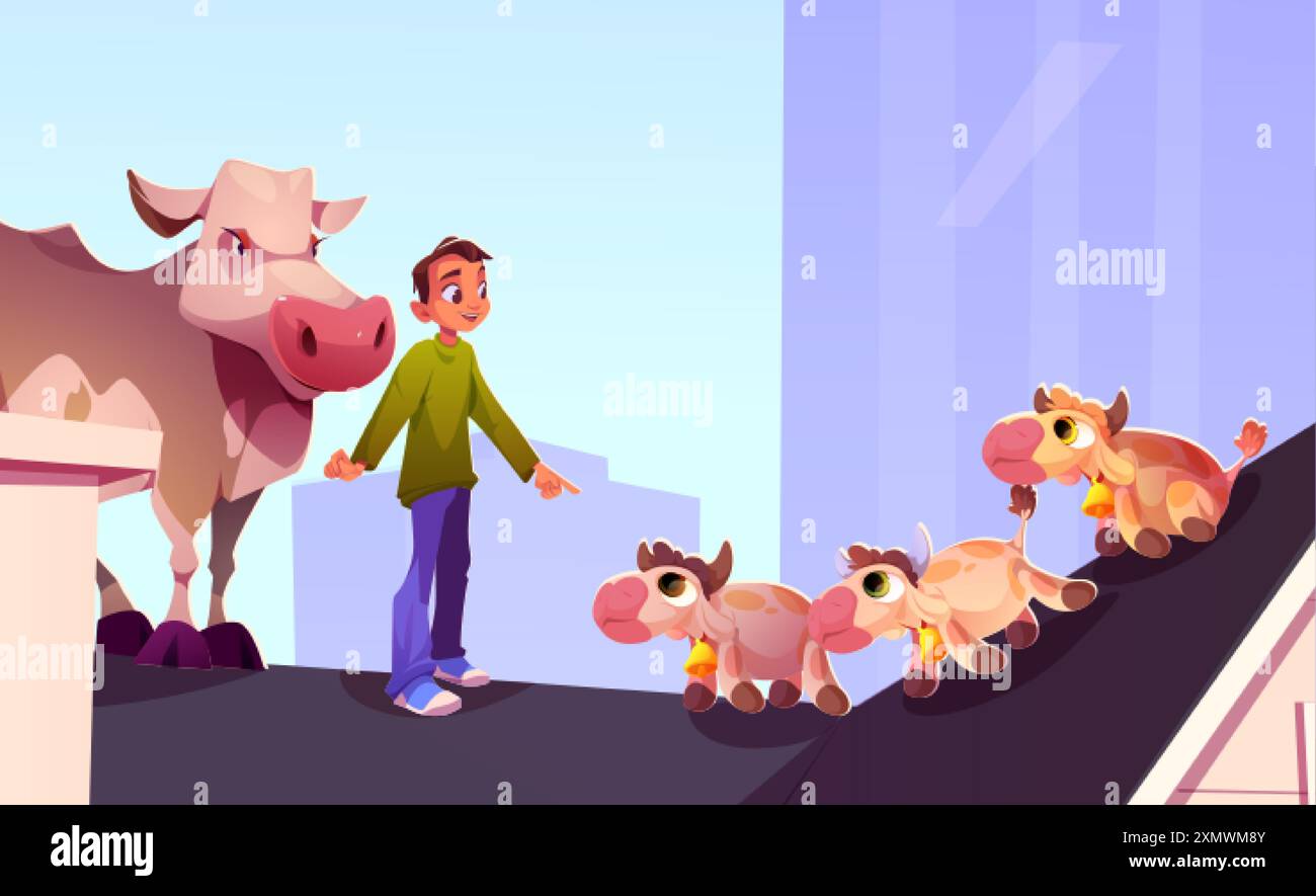 Cute funny scene with teen boy, cow and little calves standing on roof ...
