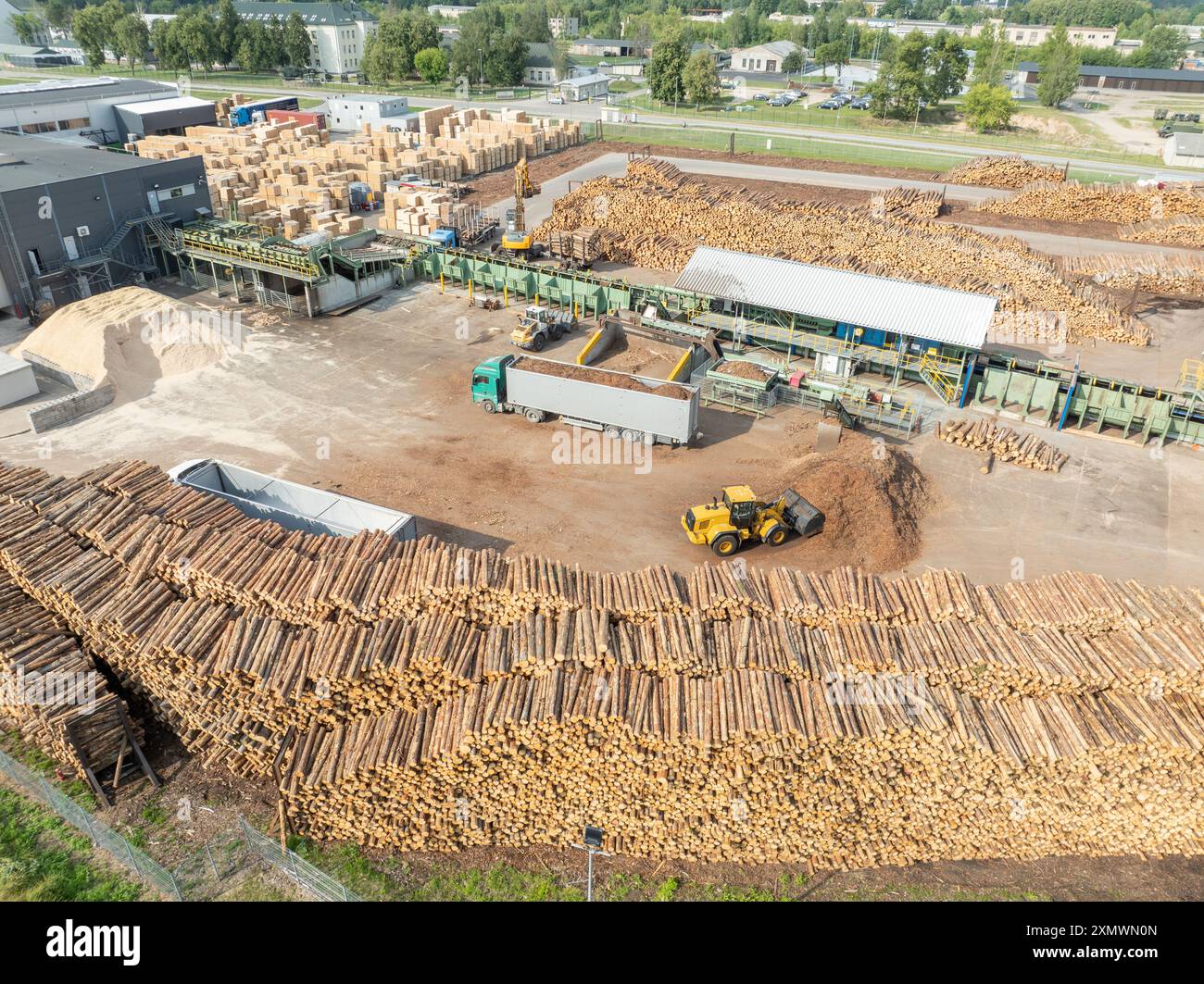 Wood sawmill, machinery for processing wood. Processing plant. A worker ...