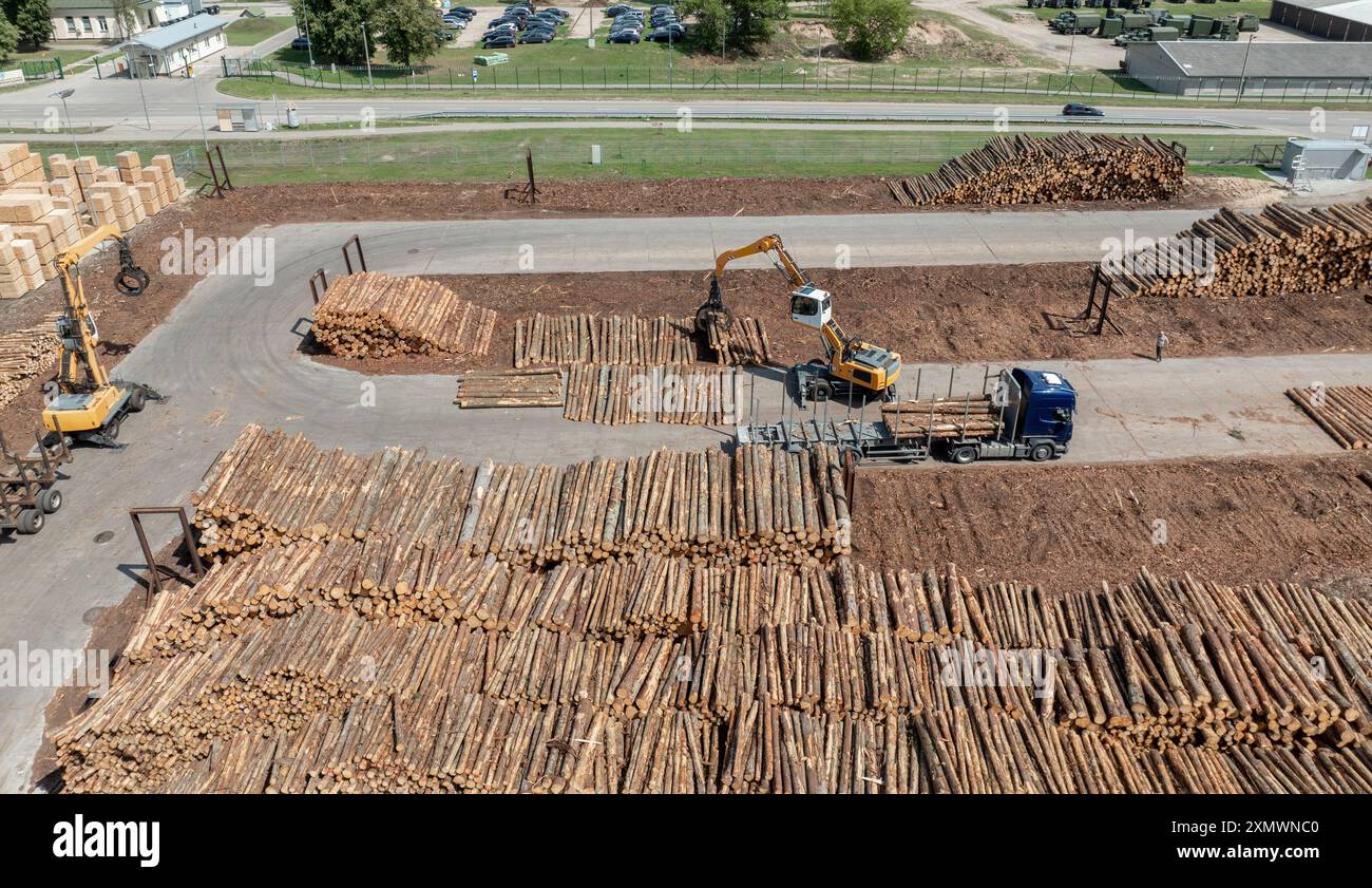 Wood sawmill, machinery for processing wood. Processing plant. A worker ...