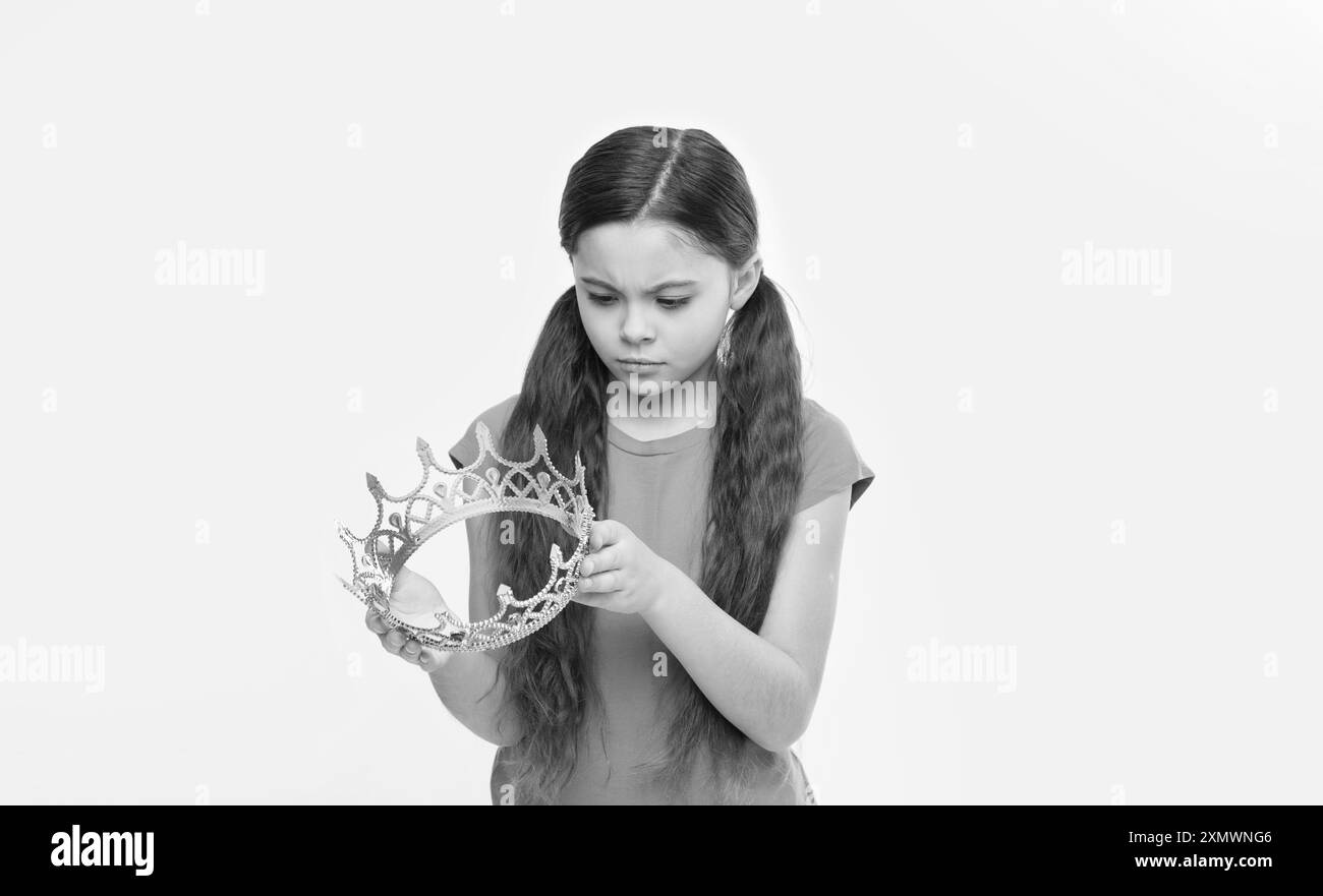 Price of the throne. Kid wear golden crown symbol of princess. Girl ...