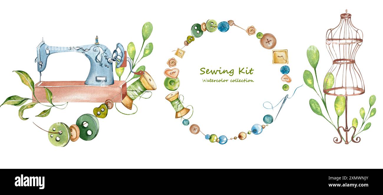 Set of Sewing, Embroidery, Hobby Theme Compositions. Buttons, Mannequin ...