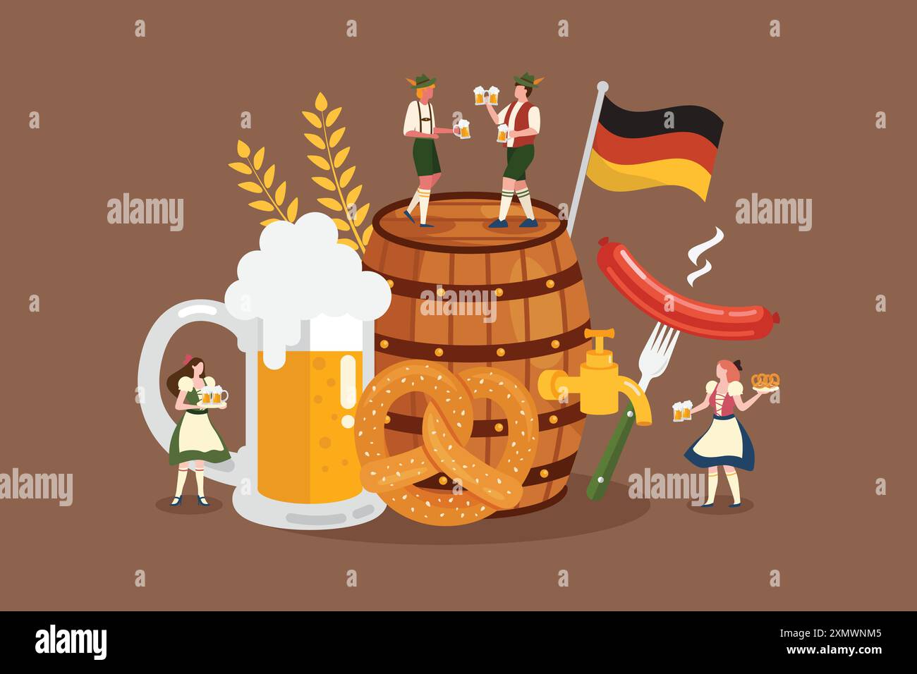 Oktoberfest Celebration Party With Tiny People Character. Cartoon Flat ...