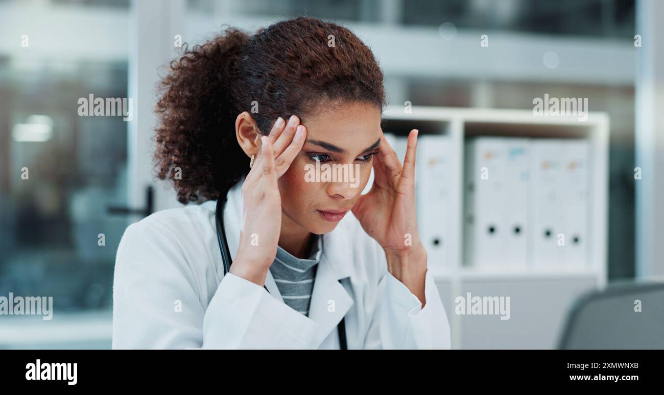 Stress, doctor and thinking in office, headache and reading of medical ...