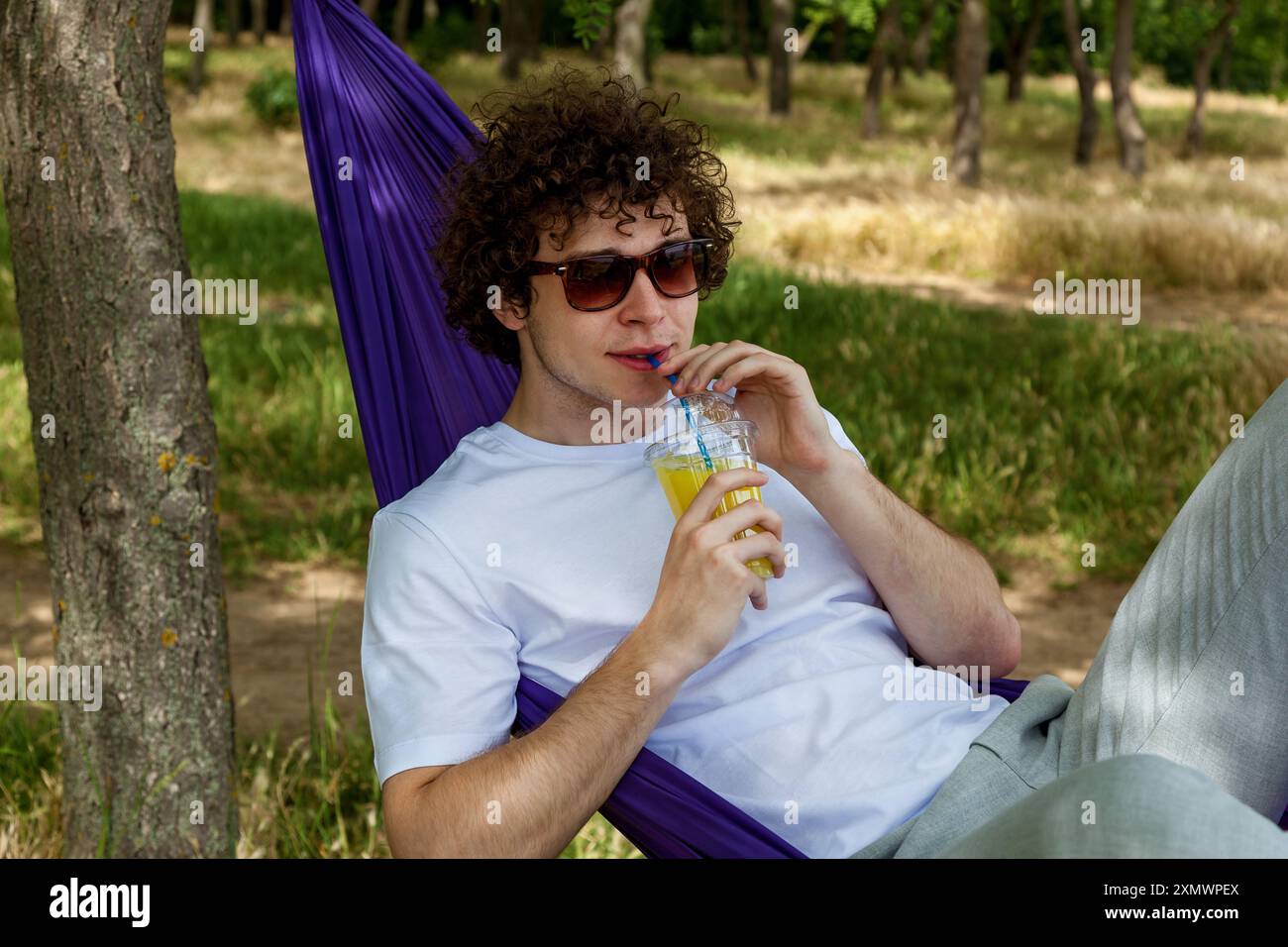 A young guy is lying in a purple hammock drinking orange juice. A young ...