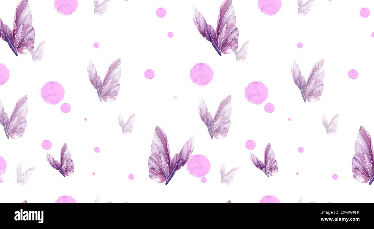 Seamless Pattern of Lilac Beautiful Butterflies and Spots. Watercolor ...