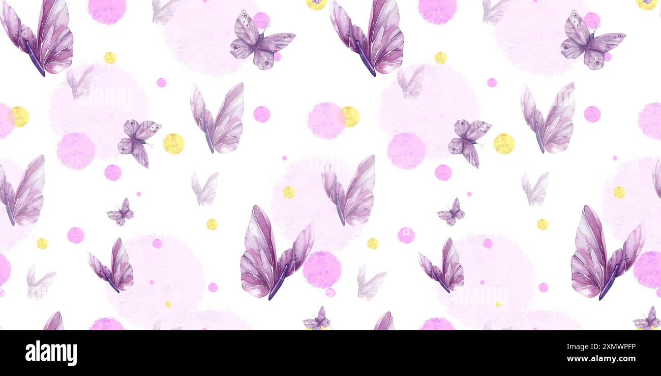 Seamless Pattern of Lilac Beautiful Butterflies and Spots. Watercolor ...