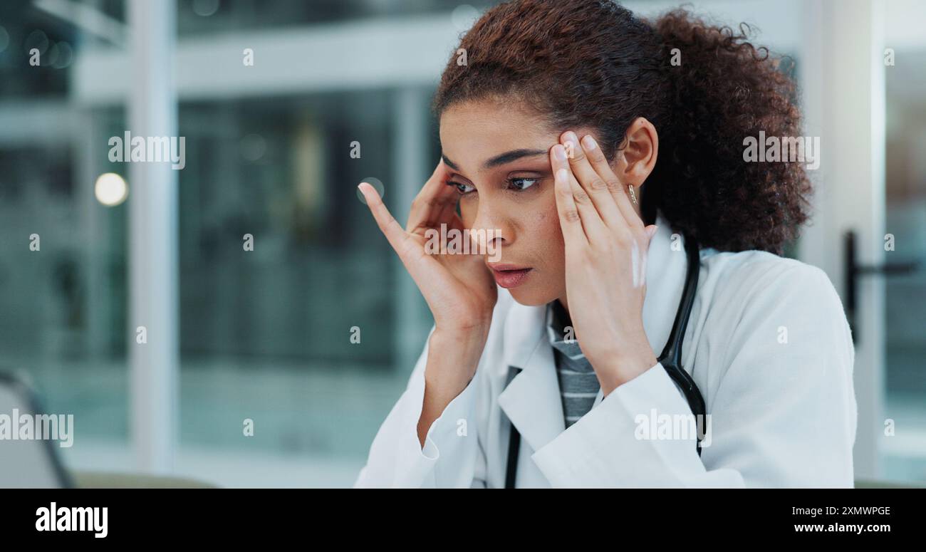 Stress, doctor and reading in office, headache and thinking of medical ...