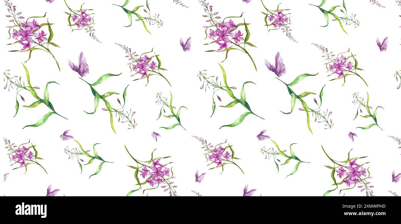 Seamless Pattern. Fireweed Flowers. Blooming Sally. Lilac Butterflies ...