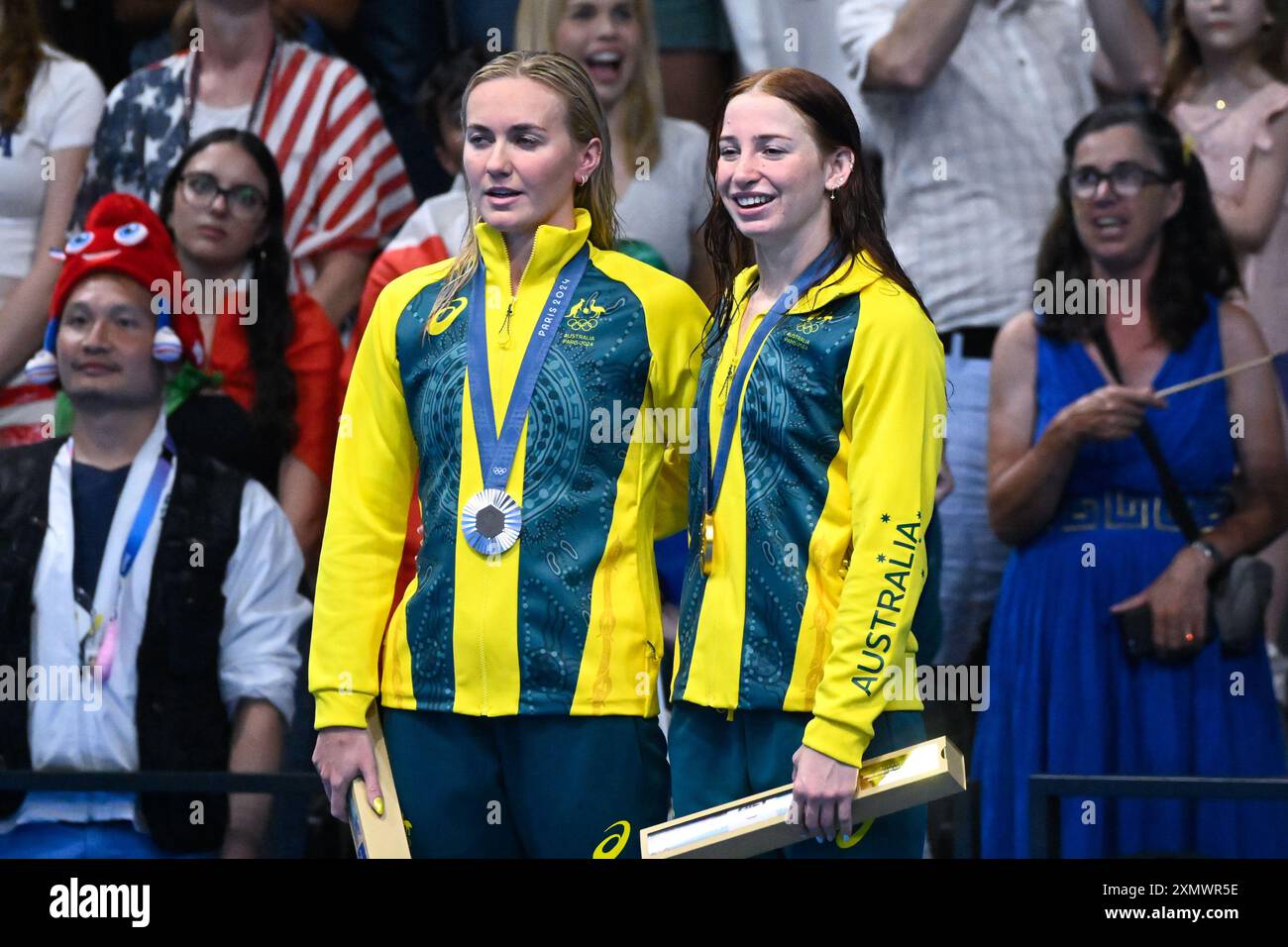 Paris, France. 29th July, 2024. Ariarne Titmus ( AUS ) Silver medal, Mollie O'Callaghan ( AUS ...