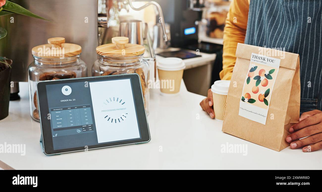 Small business, tablet and payment with person in cafe, customer bill ...