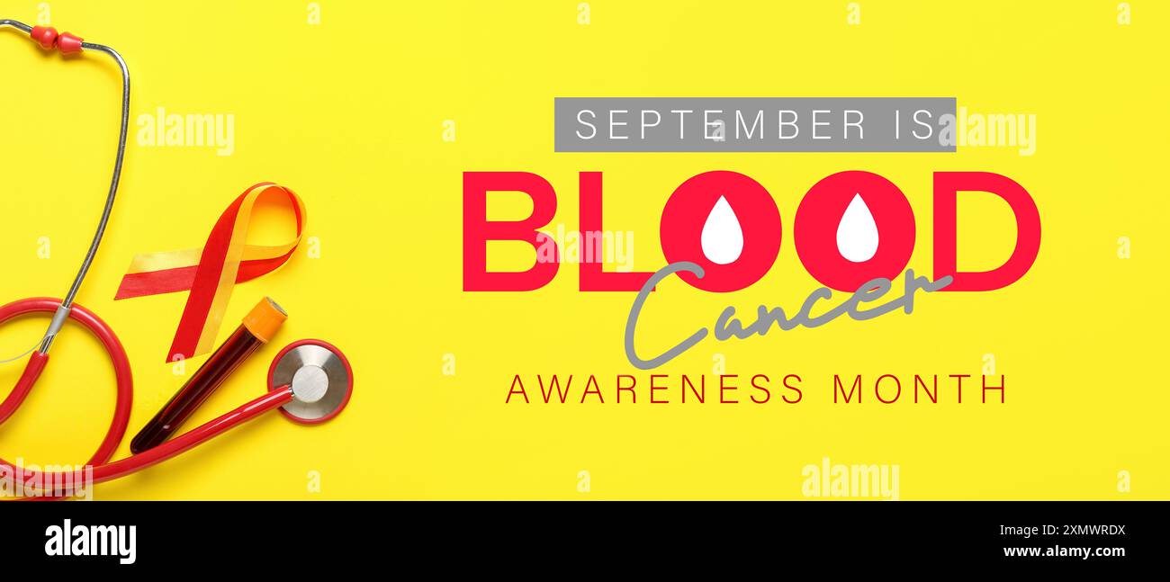 Ribbon, blood sample and stethoscope on yellow background. Banner for ...