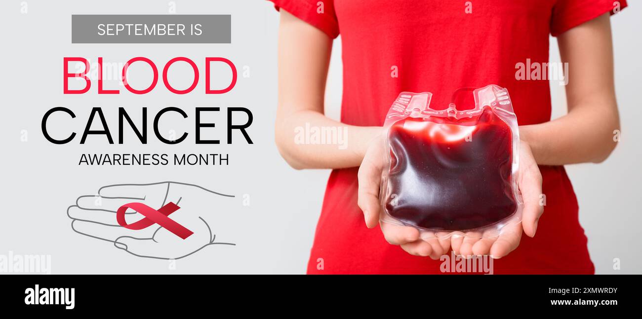 Woman with blood pack on light background, closeup. Banner for Blood ...