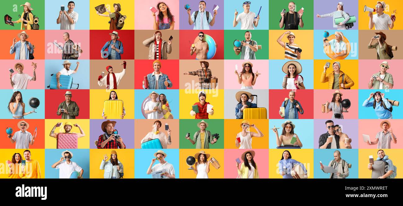 Collage of many tourists on color background Stock Photo - Alamy