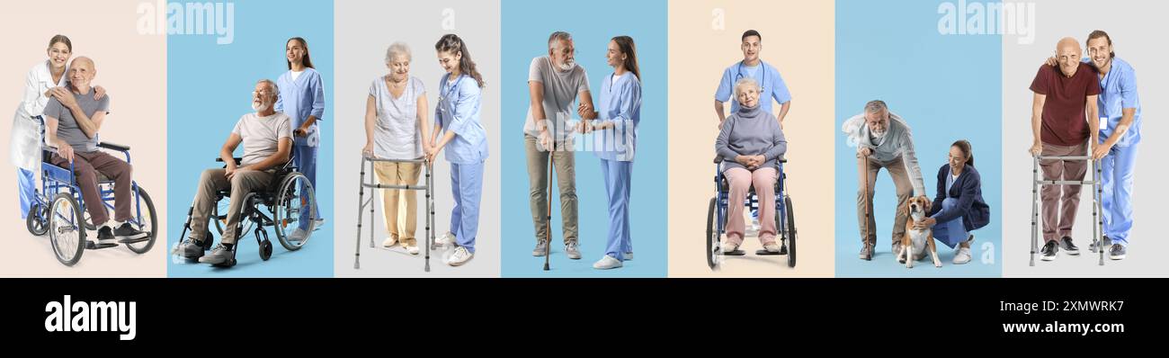 Collage of young caregivers and senior people on light and blue ...