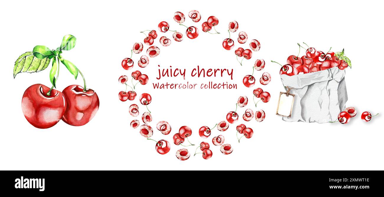 Set Juicy Bright Cherry Berries, Branches, Leaves. Frame Wreath ...