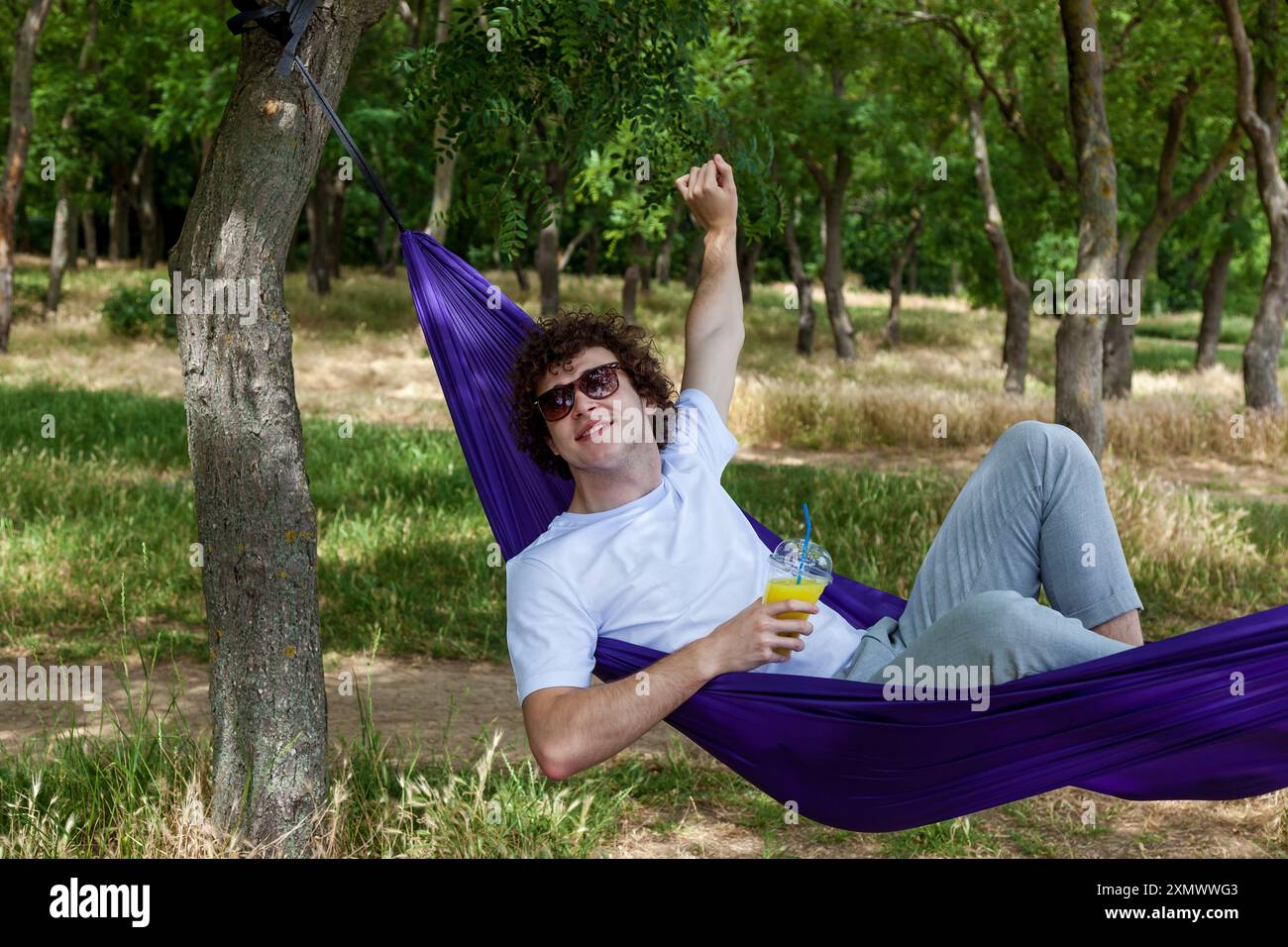 A young guy is lying in a purple hammock drinking orange juice. A young ...