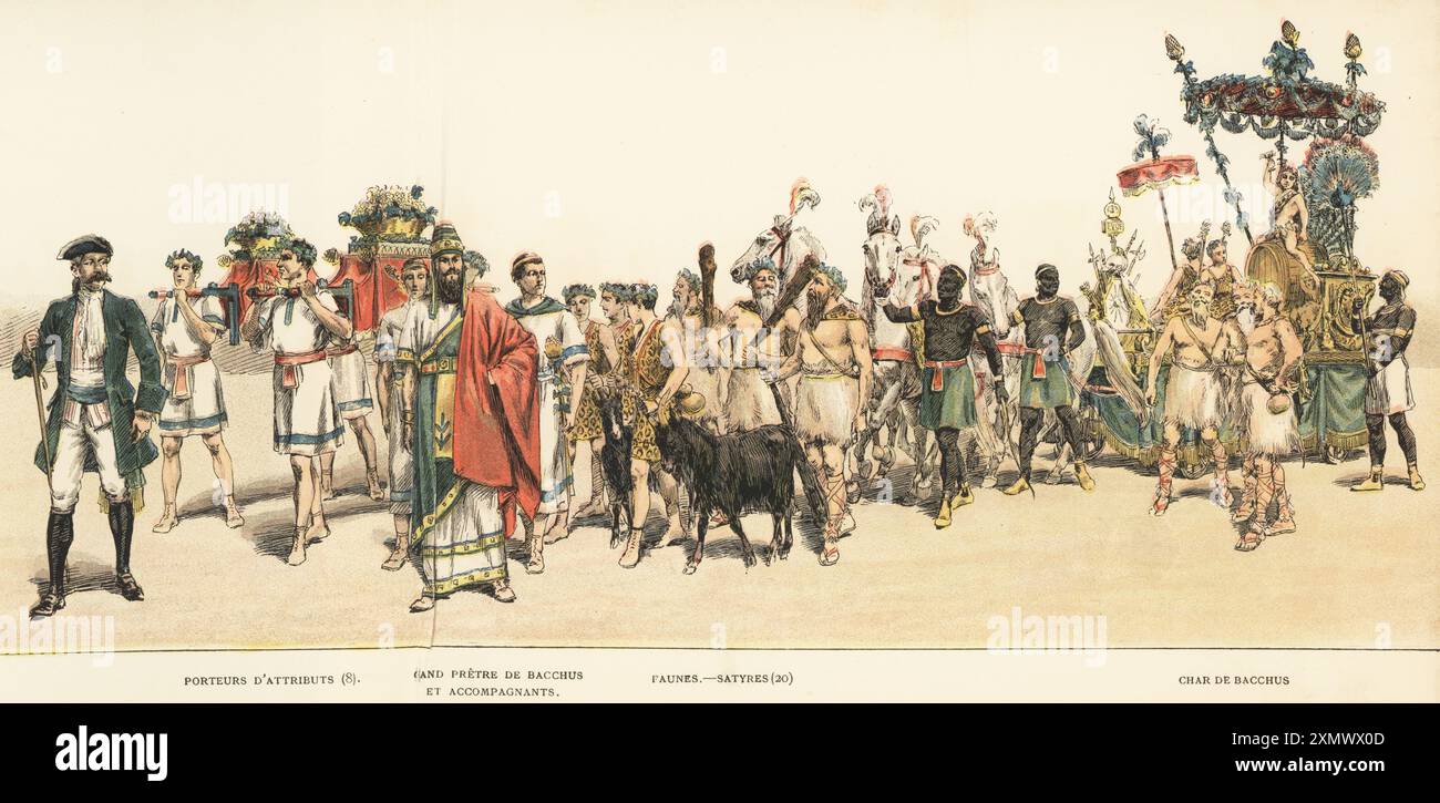 The chariot of Bacchus, Roman god of wine, with wine barrel accompanied ...