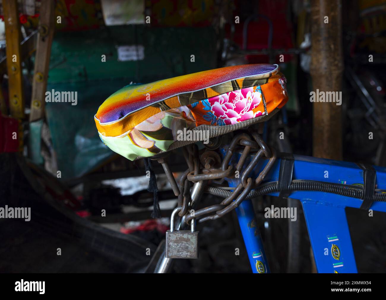 Colorful rickshaw saddle, Dhaka Division, Dhaka, Bangladesh Stock Photo ...