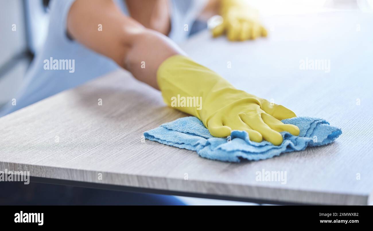 Cleaning, wipe table and person with cloth for hygiene, disinfection ...