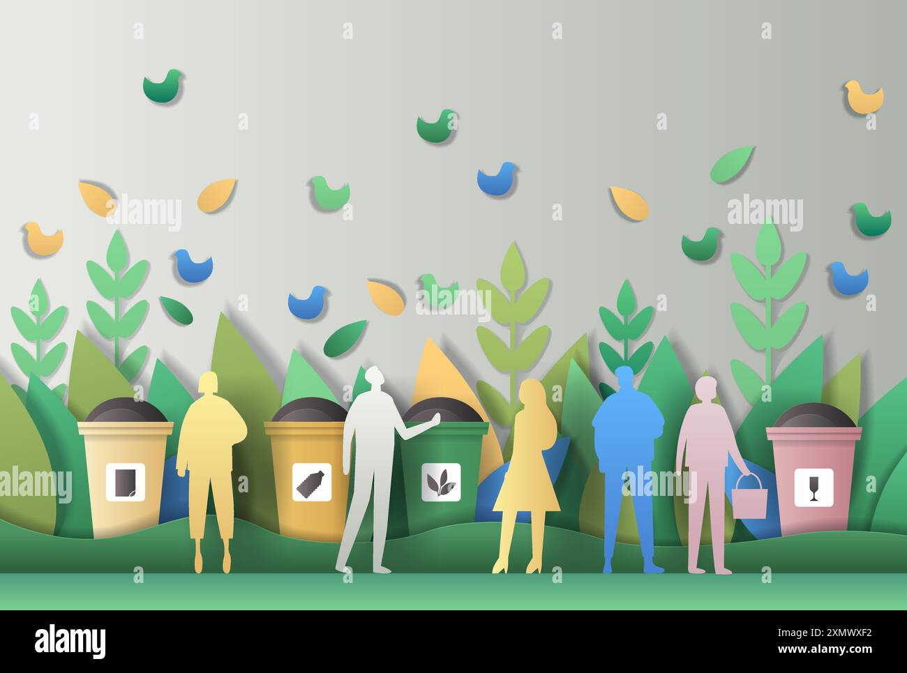 Recycling concept people sorting waste in nature paper cut style ...