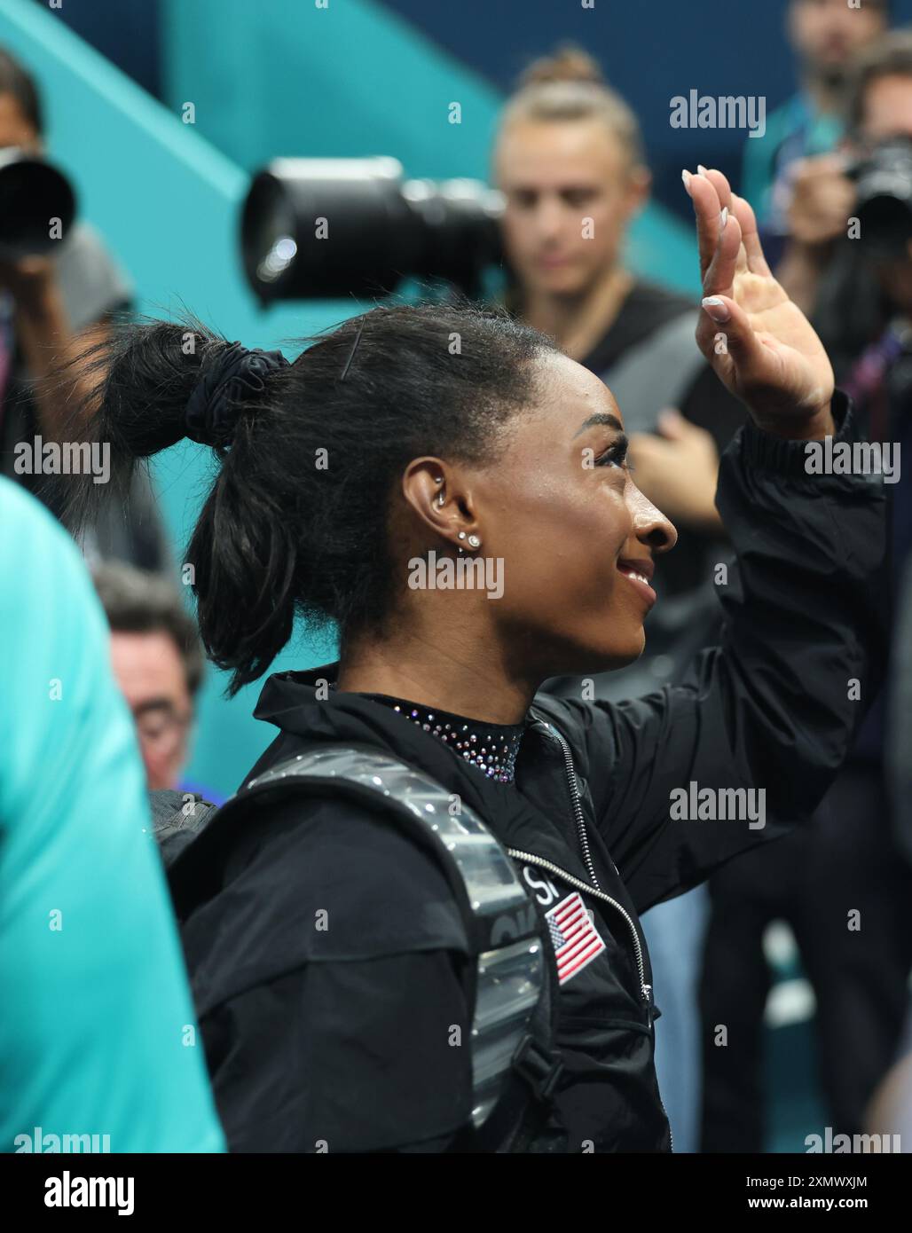 Paris, France. July 28th 2024. Team USAÕs Simone Biles waving to fans ...