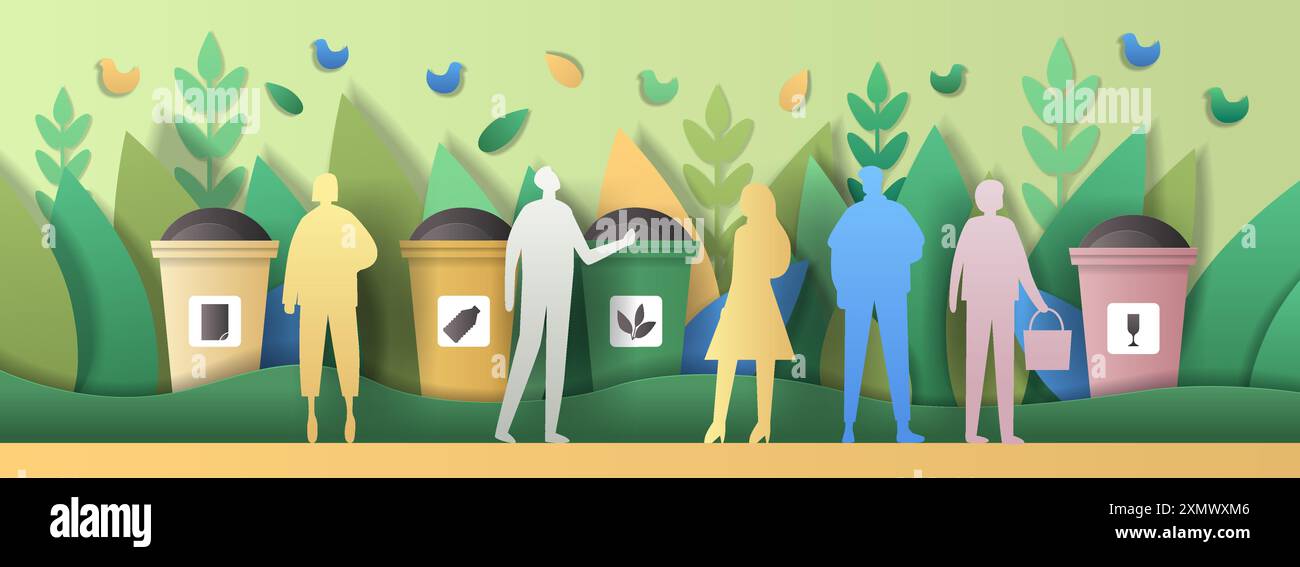 Recycling bins people silhouettes eco-friendly waste management paper ...