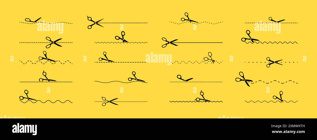 Set of scissors cutting different lines on yellow background. Cut here ...
