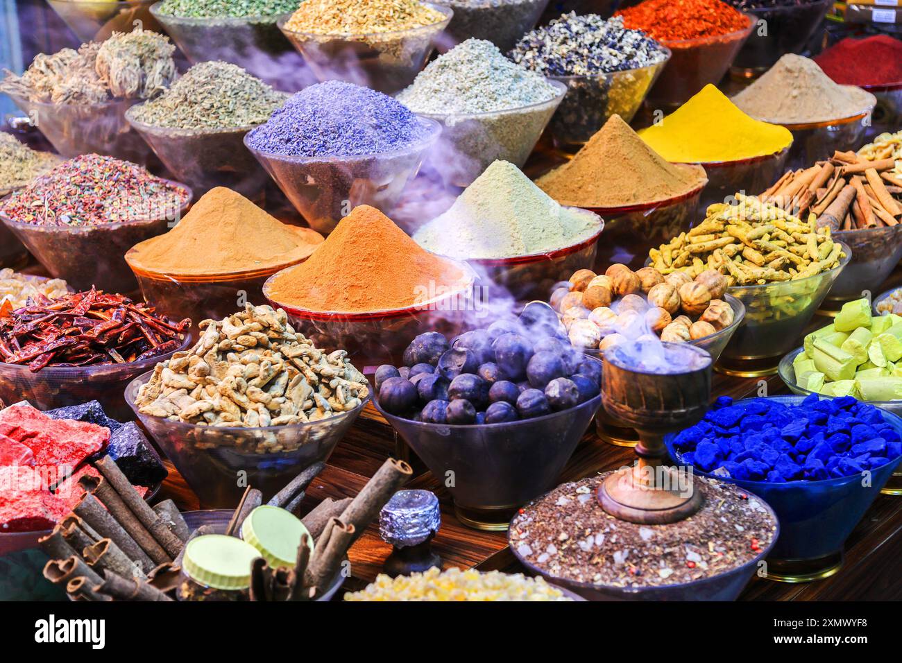 The colorful spice market with Arabic traditional incense bukhoor agar ...