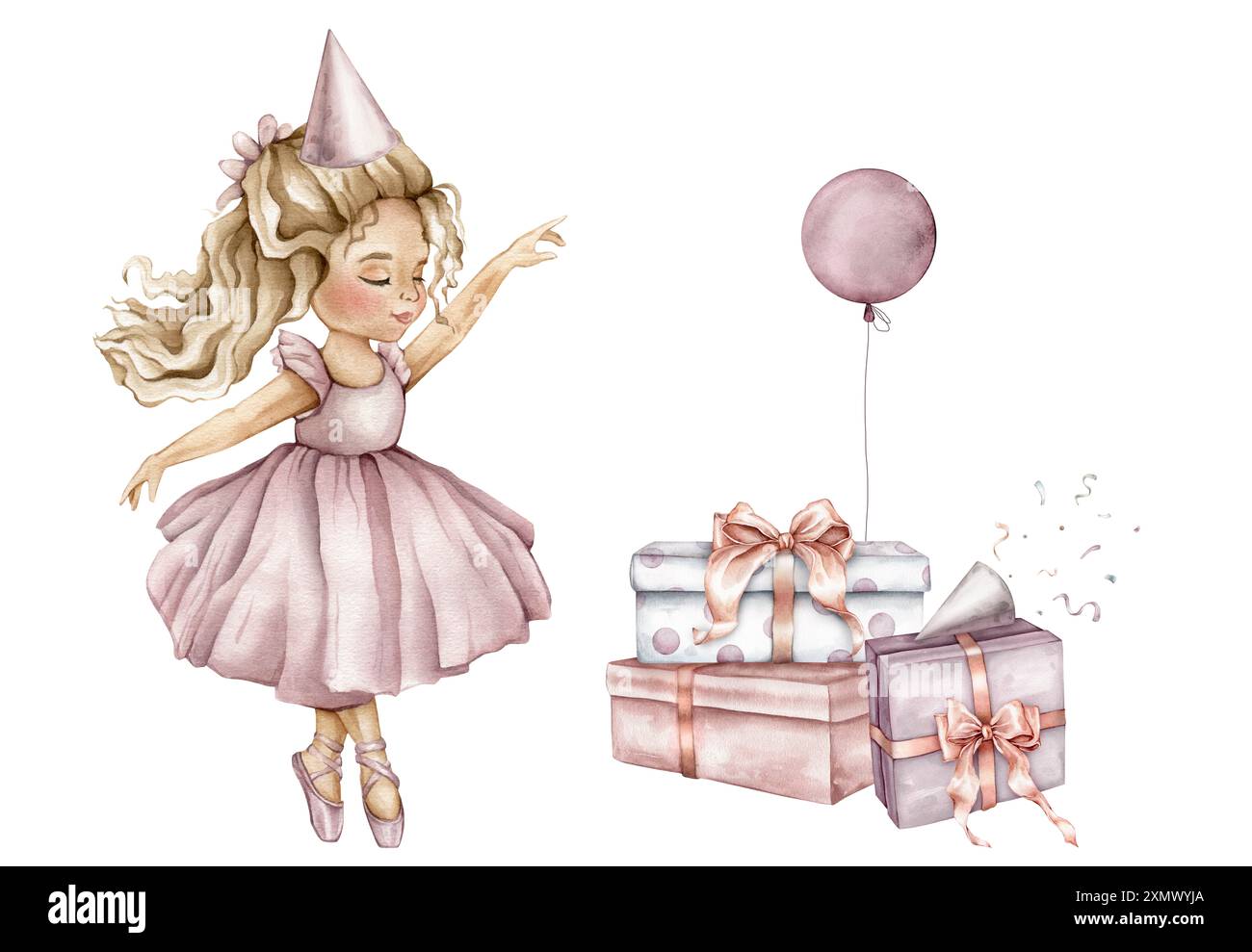 Cute watercolor dancing ballerina in pink dress and blond hair in party ...