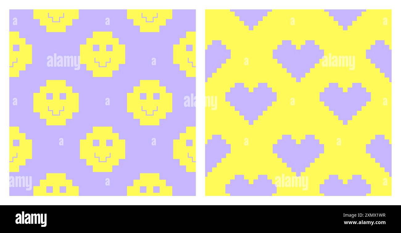 Pixel Y2k retro seamless pattern set. 90s trendy playful art. Hearts ...
