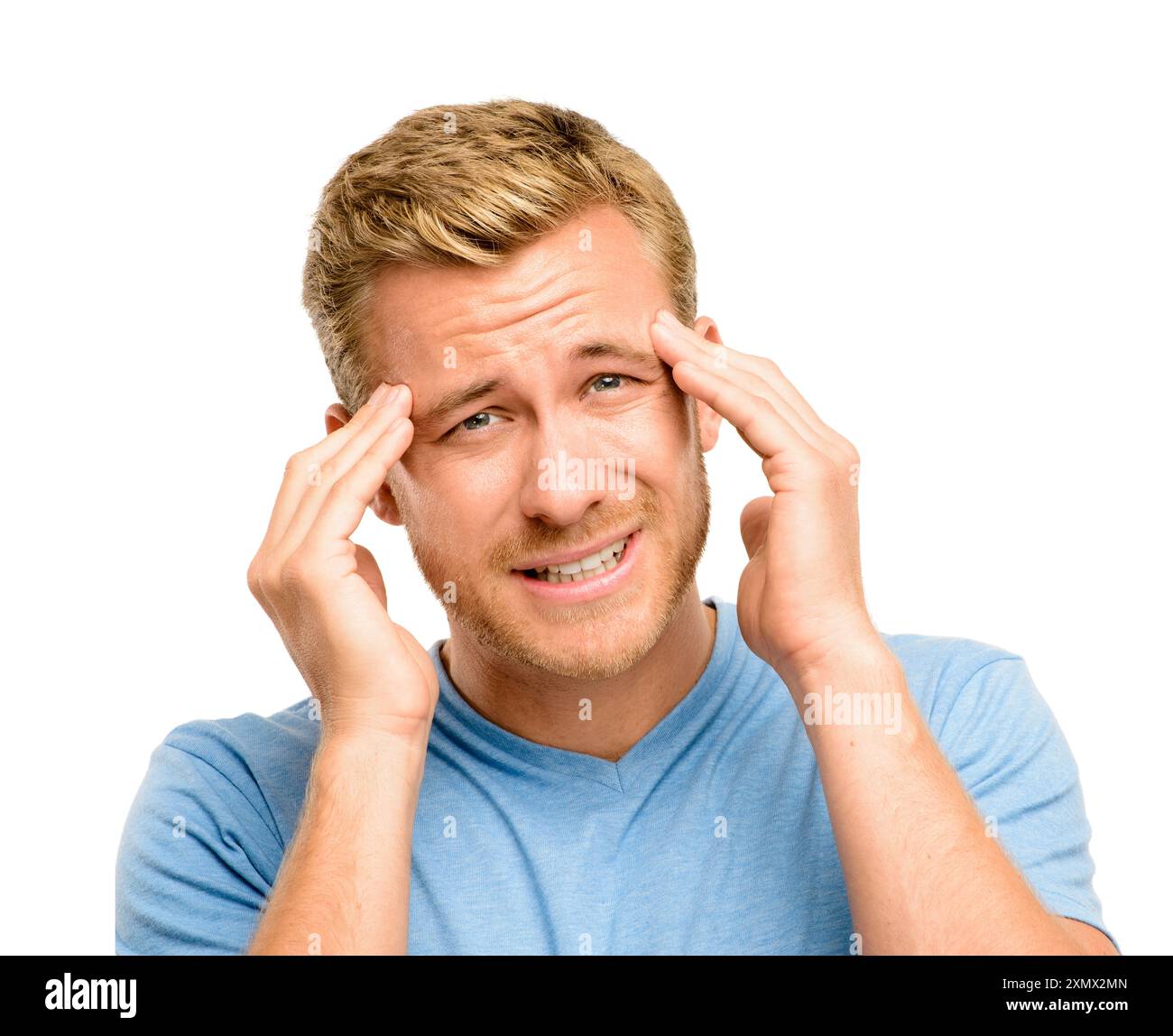 Stress, headache and portrait of man in studio with healthcare problem ...