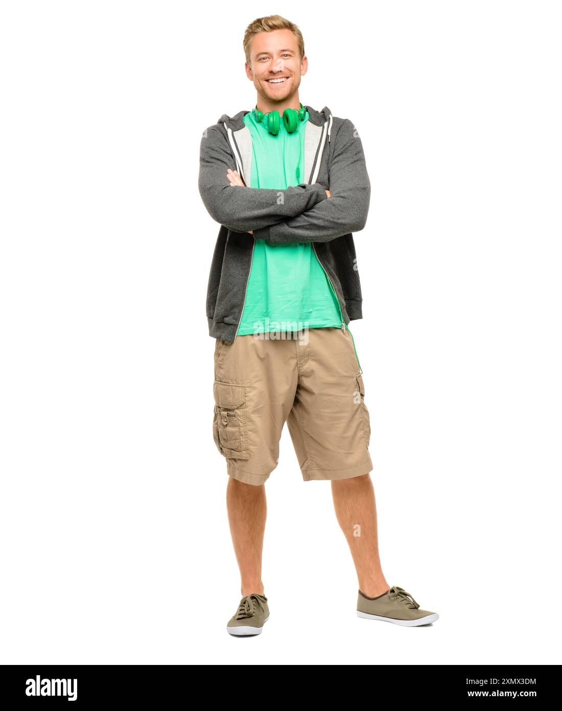 Studio, confidence and portrait of man with headphones, smile and ...