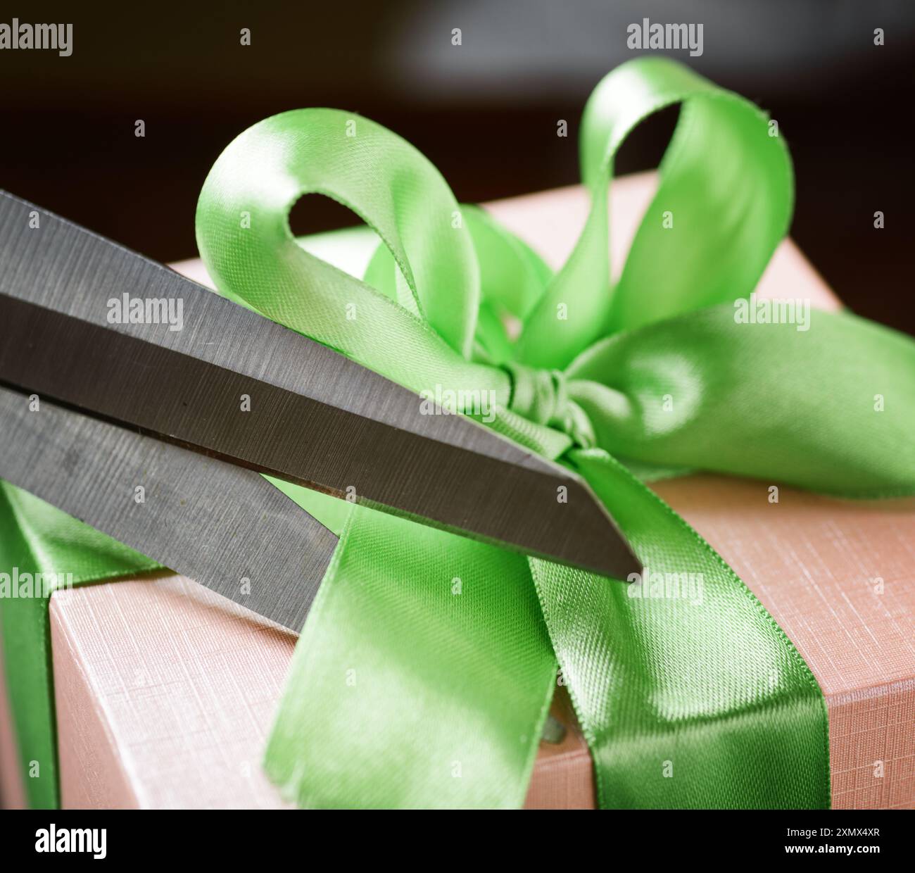 Decorating gift box with green ribbon using scissor Stock Photo - Alamy