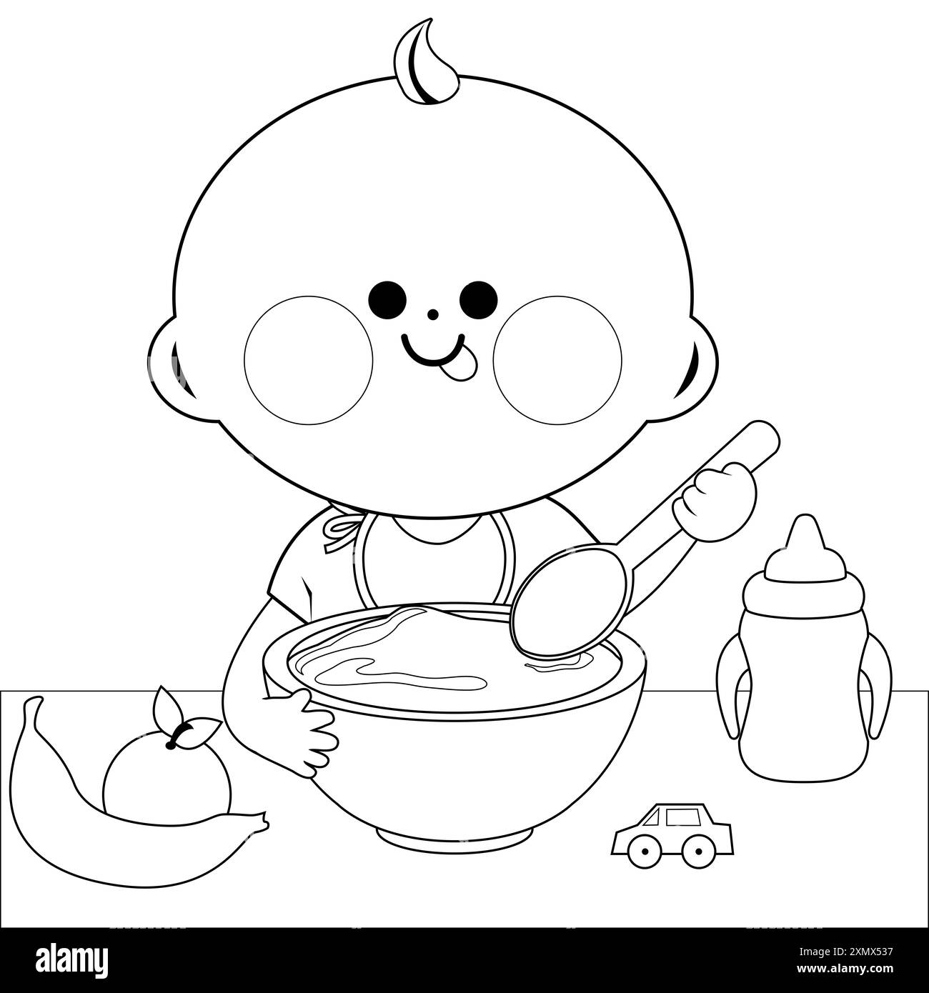 Baby eating cereal and fruit. Cute toddler child having breakfast ...