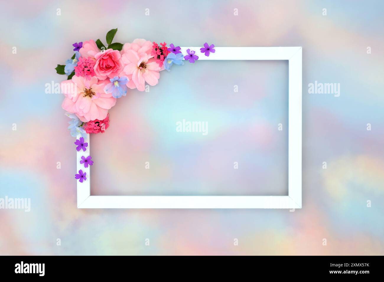 Summer flowers heavenly sky fantasy background frame. Romantic border ...