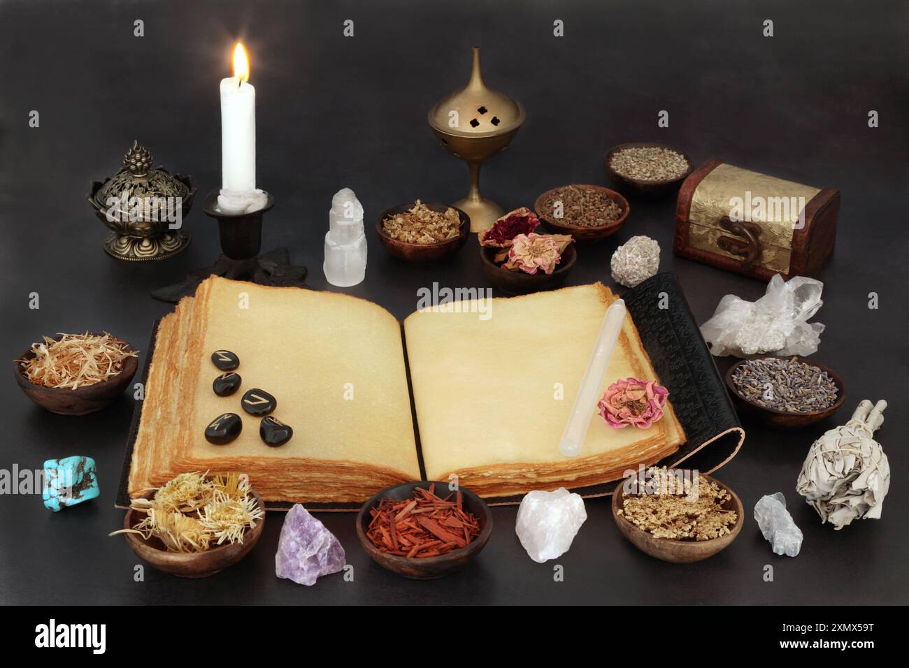 Witches herbs, book of spells, runes and magical equipment for occult ...
