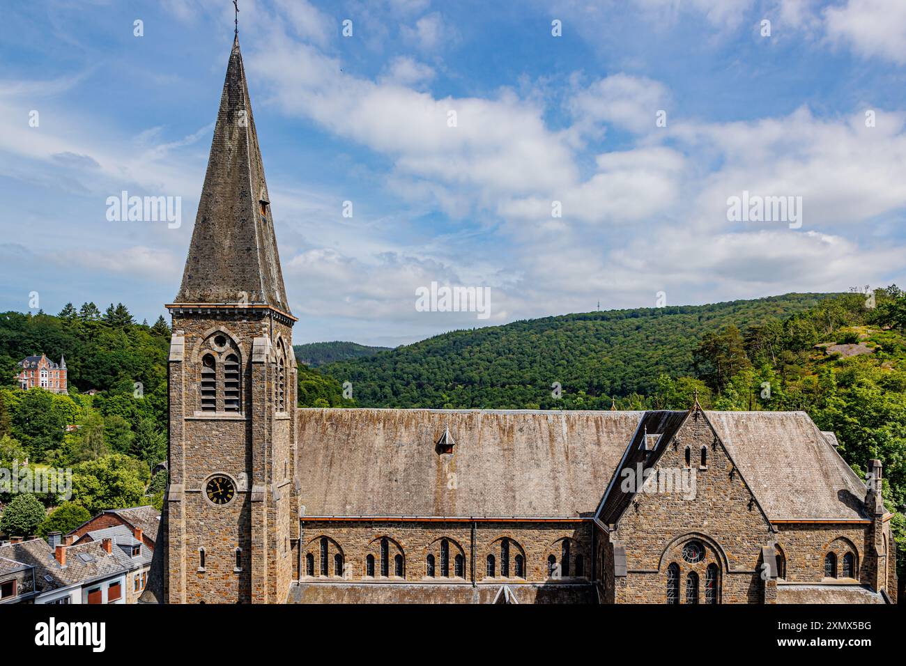 Aerial view of the top of church of Saint-Nicolas in La Roche-en ...
