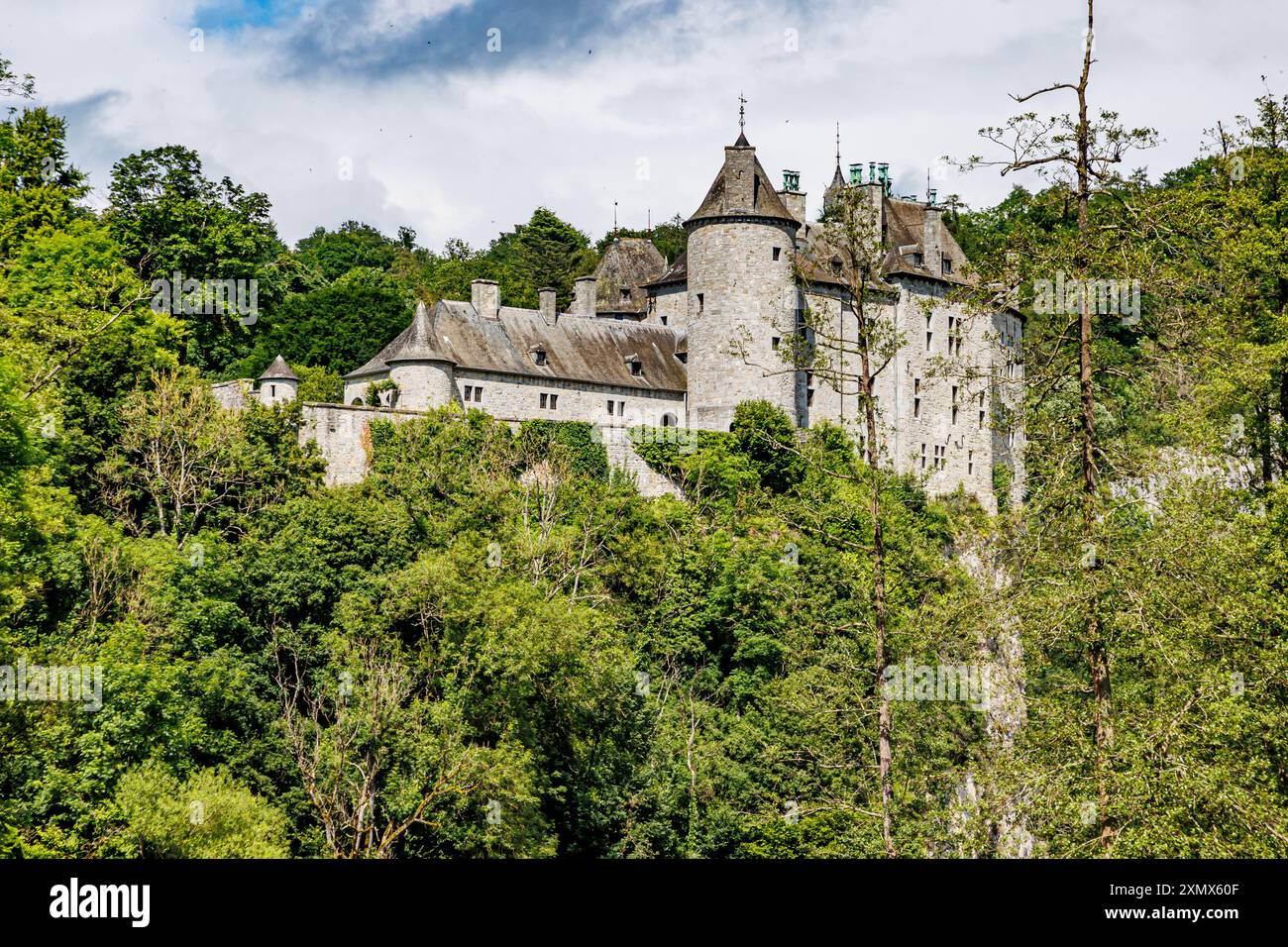 Medieval Walzin Castle on rocky hill protruding from lush green trees ...