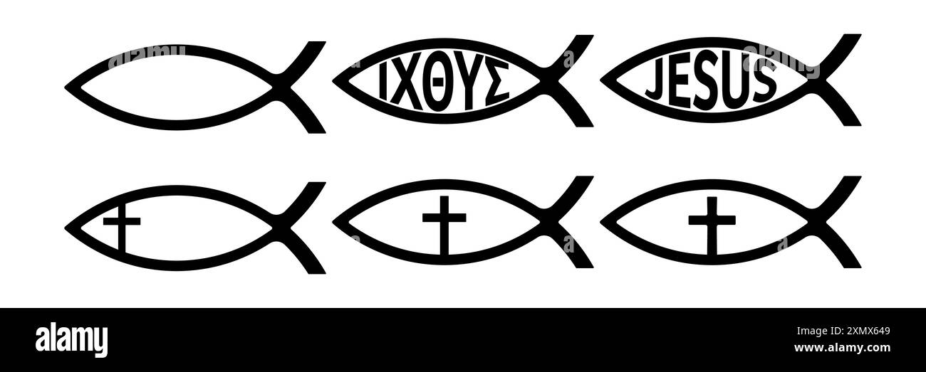Set of Jesus fish signs. Christian fish with Greek acronym for Jesus ...