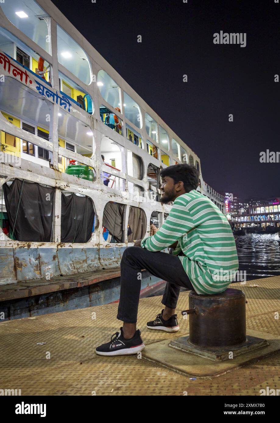 Ferry to Barisal at Sadaghat Launch Terminal at night, Dhaka Division ...
