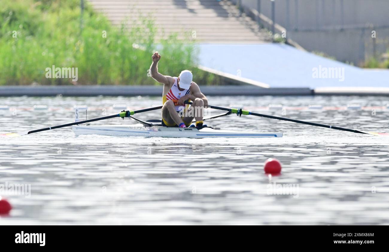 Paris, France. 30th July, 2024. Belgian Tim Brys celebrates after ...