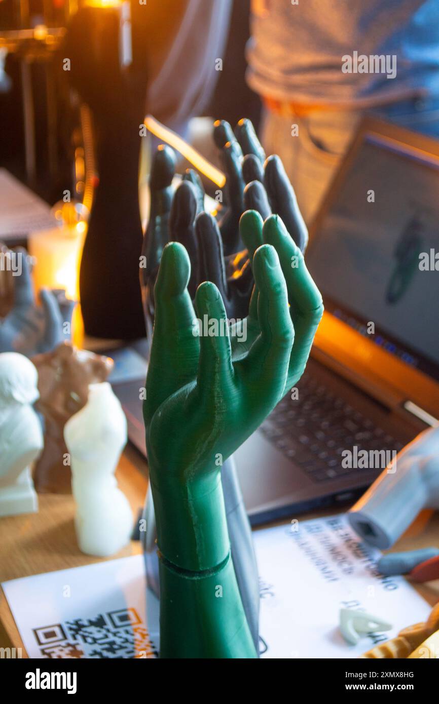 Art Object human hands printed on 3D printer. Model prototype of human ...
