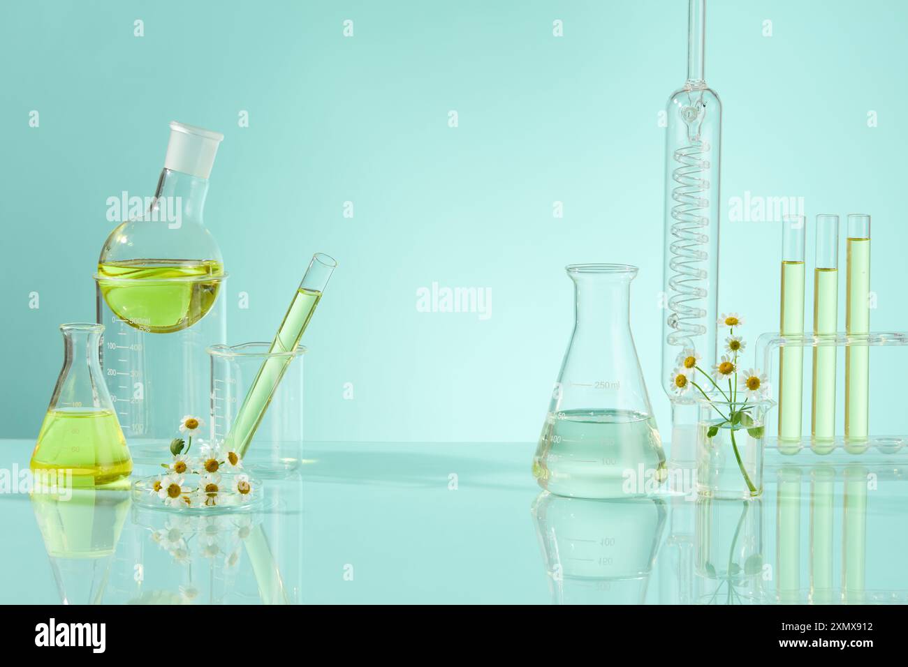 The pastel blue background featured some lab glasses with Feverfew ...