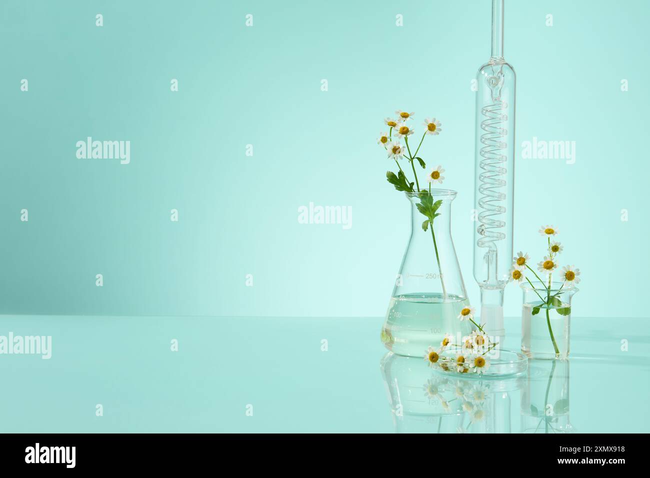 On a blue background, a group of lab glasses, transparent fluid filled ...