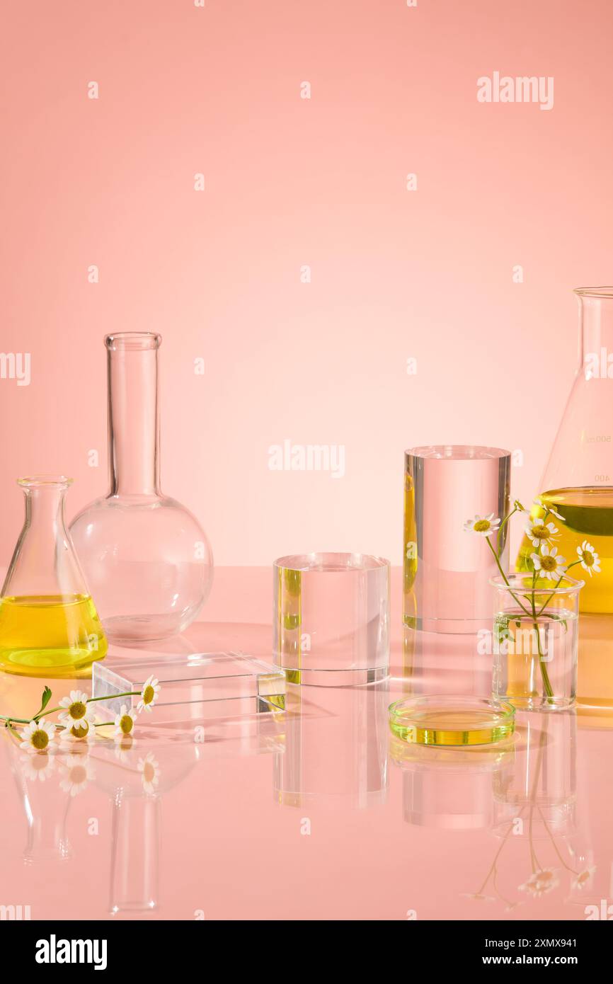 Front view of laboratory scene with a group of lab glassware, boiling ...