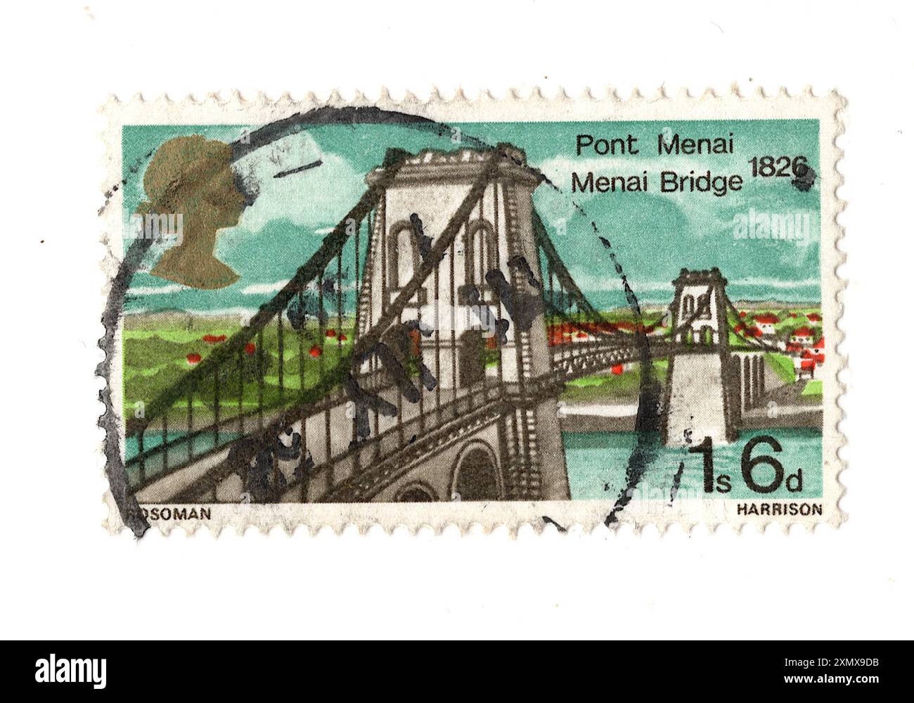 A vintage Queen Elizabeth II postage stamp featuring a British Bridge ...